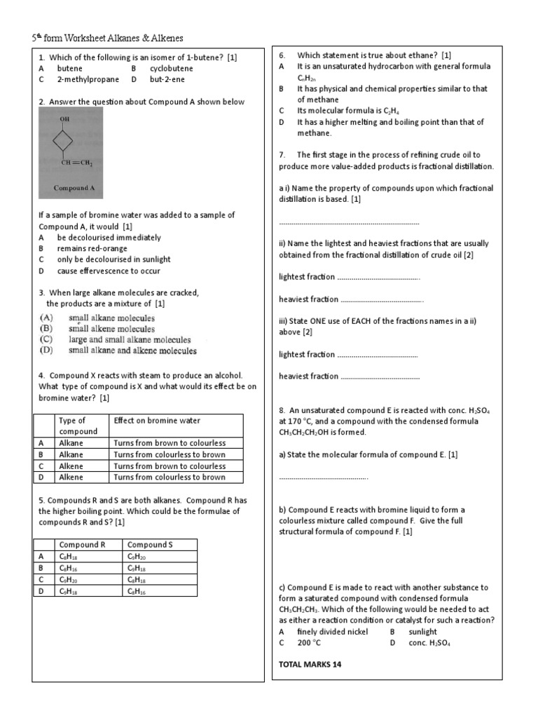 Worksheet Alkanes and Alkenes Worksheet | PDF | Alkene | Alkane