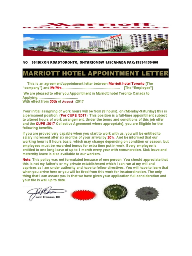 Marriott Hotel Appointment Letter | PDF