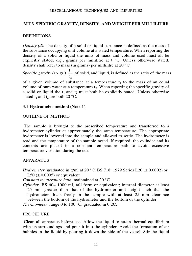 MT 3 Specific Gravity, Density, and Weight Per Millilitre: Miscellaneous Techniques and ...