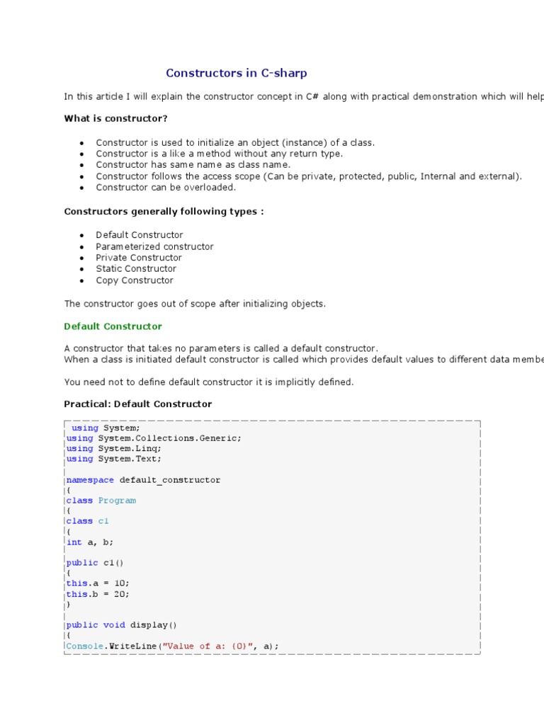 Constructors in C # | Download Free PDF | Programming | Constructor ...