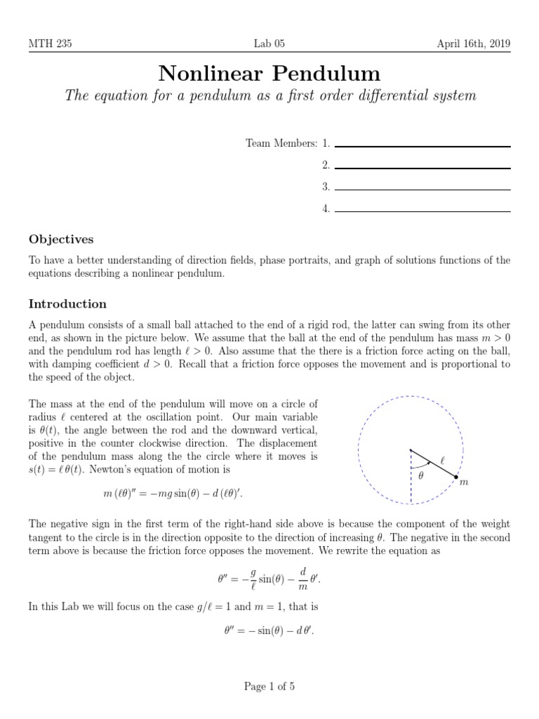 Nonlinear Pendulum: The Equation For A Pendulum As A First Order ...