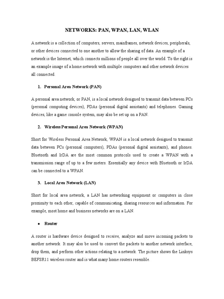 Networks: Pan, Wpan, Lan, Wlan: 1. Personal Area Network (PAN) | PDF ...