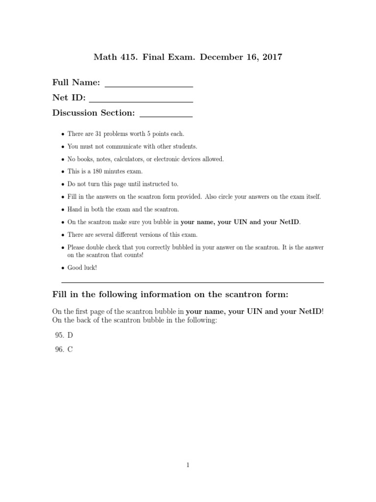 Math 415 Final Exam Instructions and Problems | PDF | Linear Subspace ...