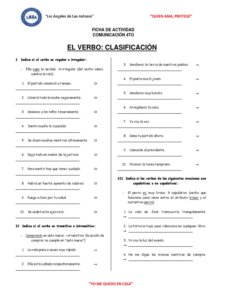 Ficha de Actividad - El Verbo Clasificación (Cuarto) | PDF | Verbo ...