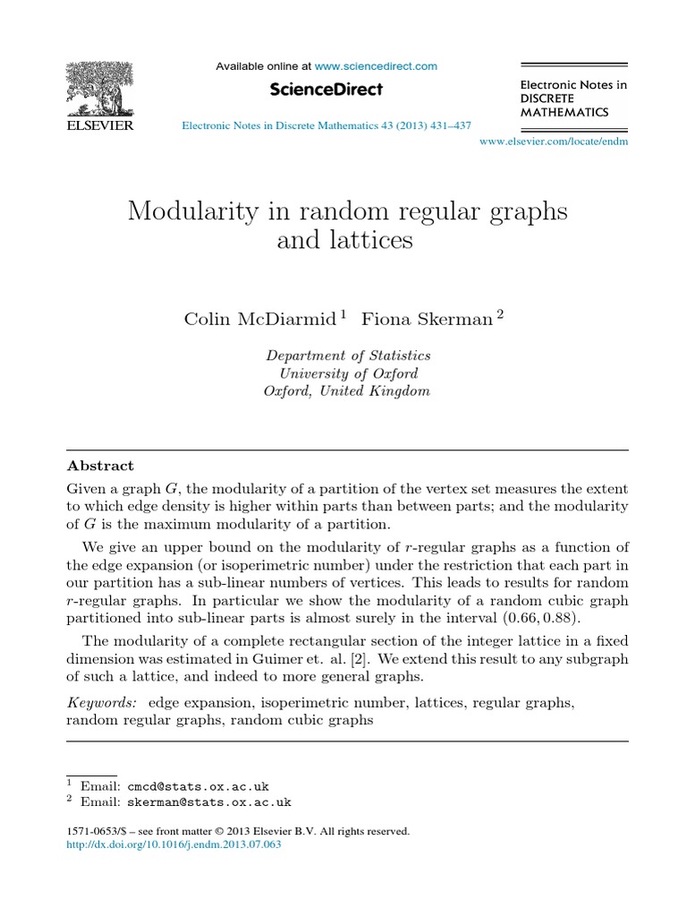 Modularity in Random Regular Graphs and Lattices: Colin Mcdiarmid Fiona Skerman | PDF | Discrete ...