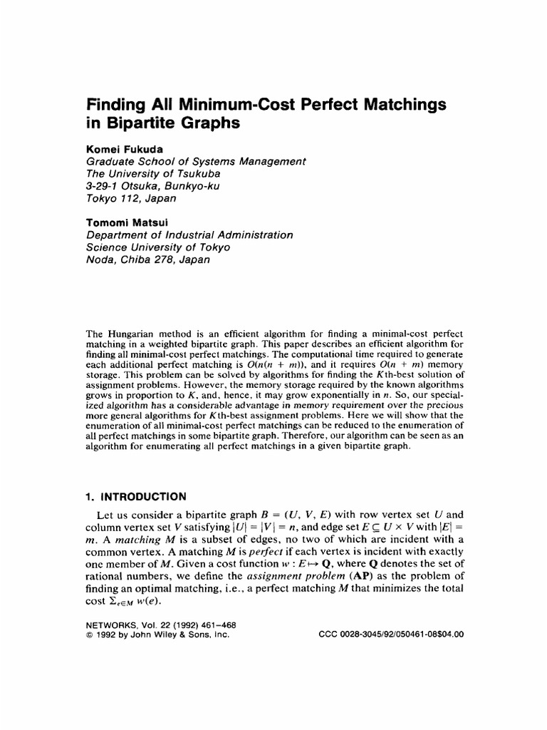 An Efficient Algorithm For Finding All Minimum Cost Perfect Matchings In Bipartite Graphs Pdf