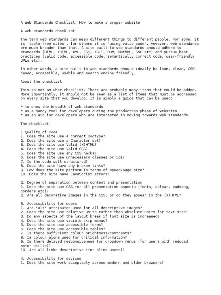 A Web Standards Checklist, How To Make A Proper Website | PDF