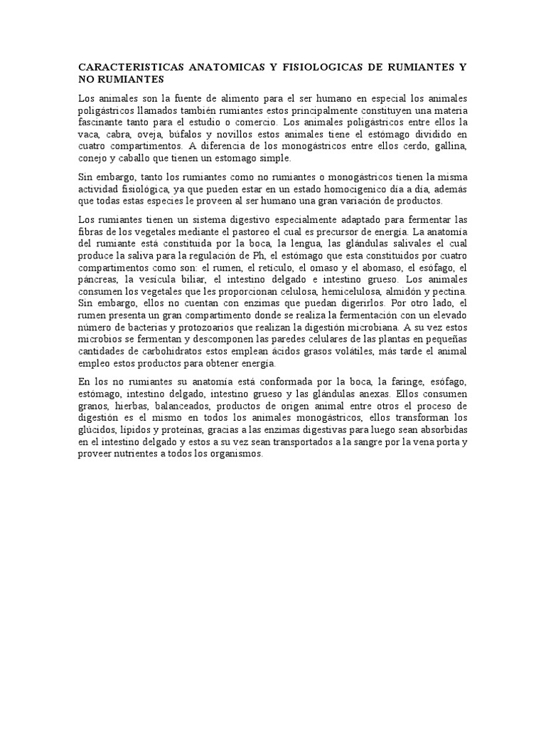 CARACTERISTICAS ANATOMICAS Y FISIOLOGICAS DE RUMIANTES Y NO RUMIANTES ...