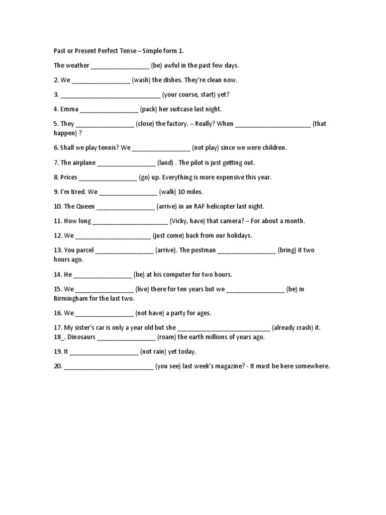 Past and Present Perfect Tense Practice: Identifying Verb Forms in ...