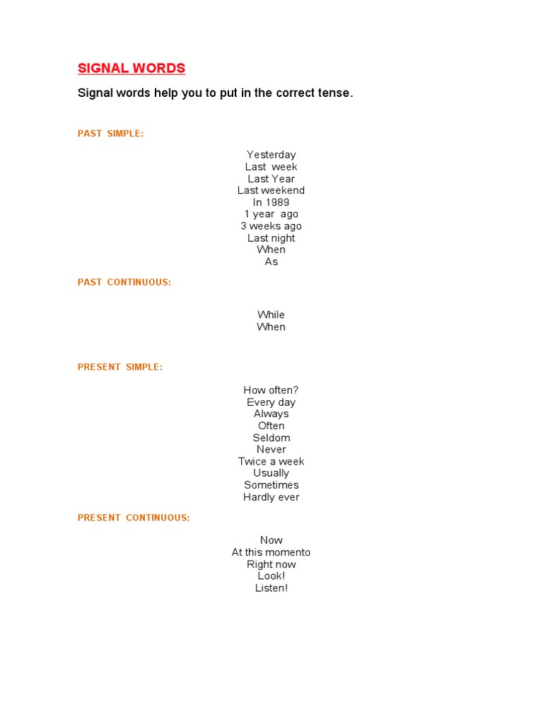 Signal Words for English Tenses | PDF