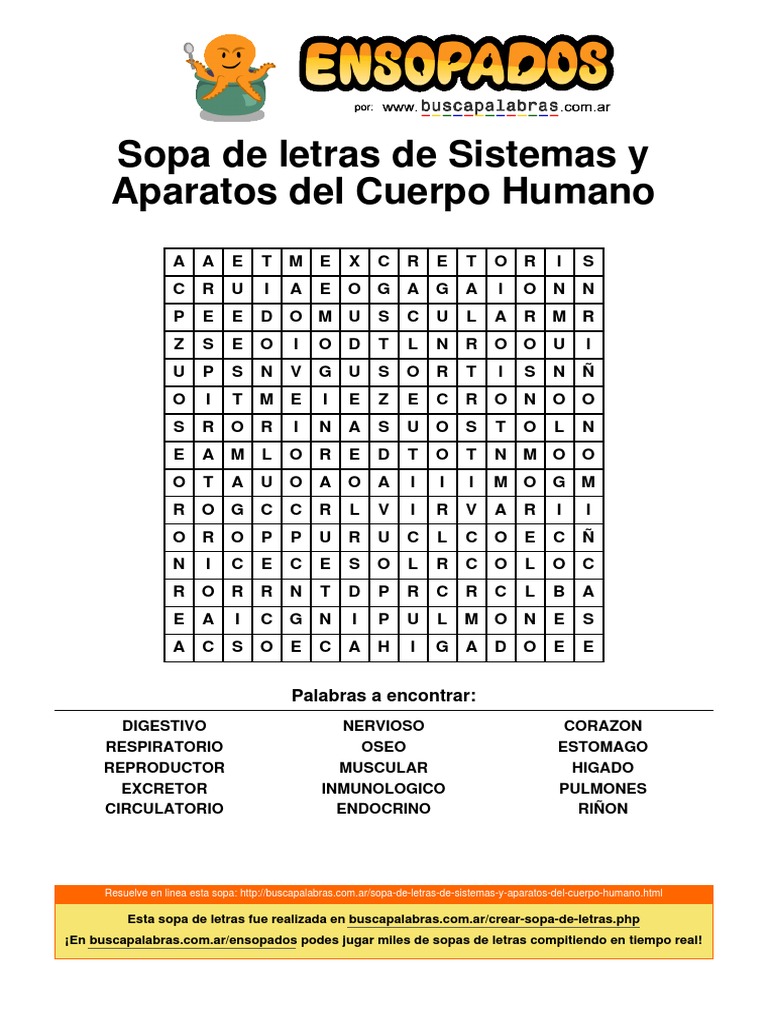 sopa-de-letras-de-sistemas-y-aparatos-del-cuerpo-humano | Cuerpo humano ...