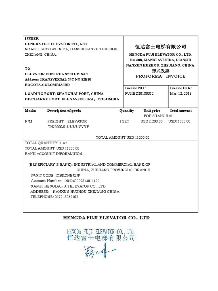 Proforma Invoice for Elevator Sale | PDF