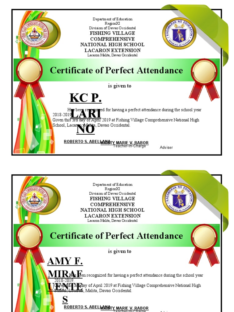 Certificate of Perfect Attendance: KC P. Lari NO | PDF