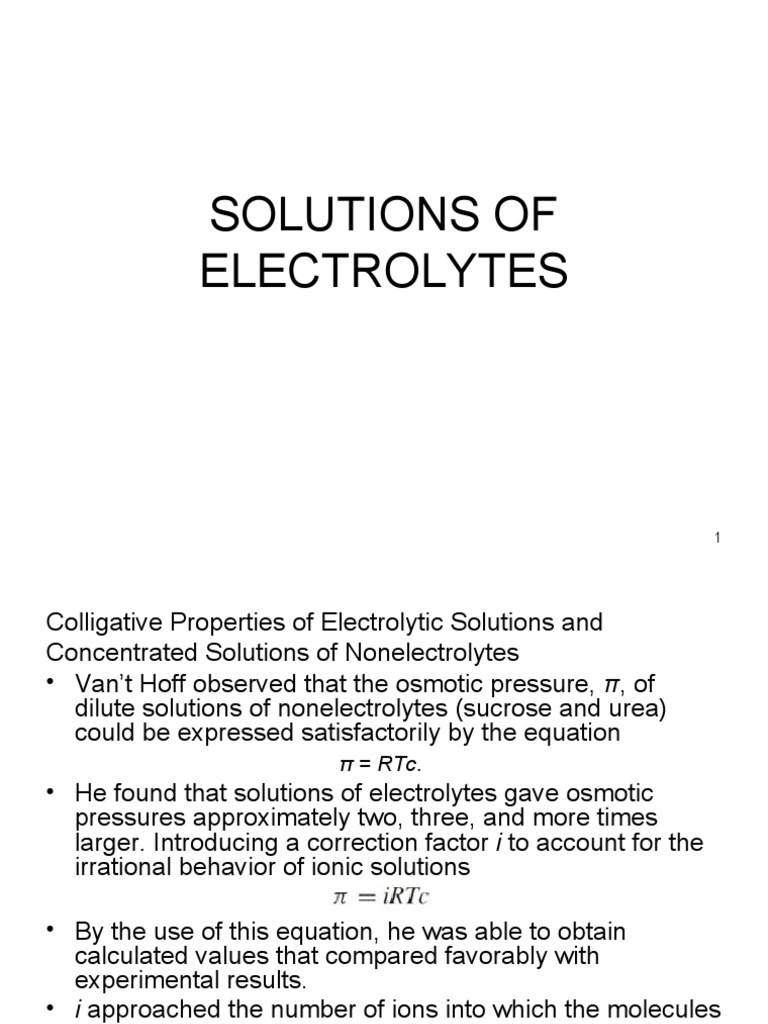 Solutions of Electrolytes | PDF | Dissociation (Chemistry) | Chemistry