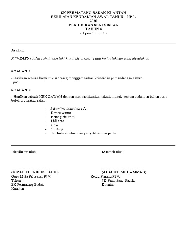 Soalan PSV Tahun 4 - 2020 - AWAL TAHUN 2020 | PDF