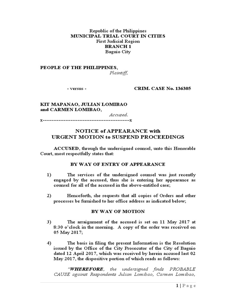 Motion Suspend (Lomibao) | PDF | Prosecutor | Legal Procedure