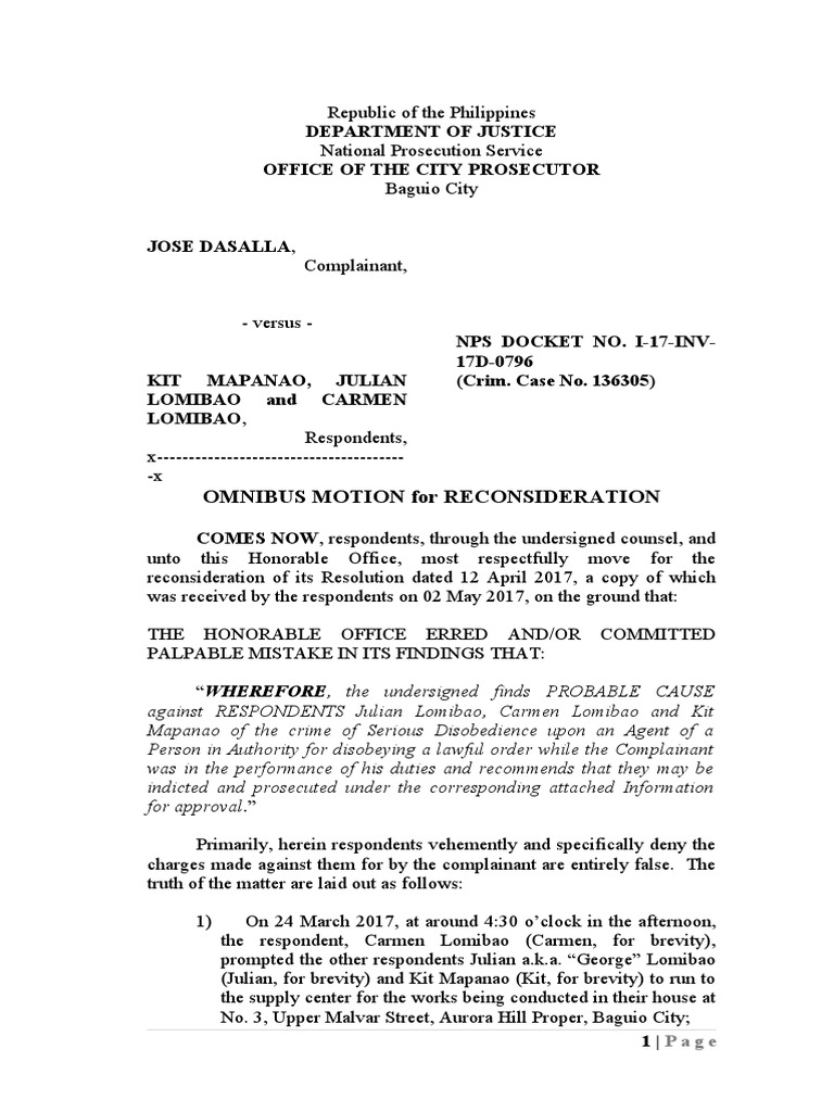 Motion For Reconsideration (Lomibao) | PDF | Civil Disobedience | Prosecutor