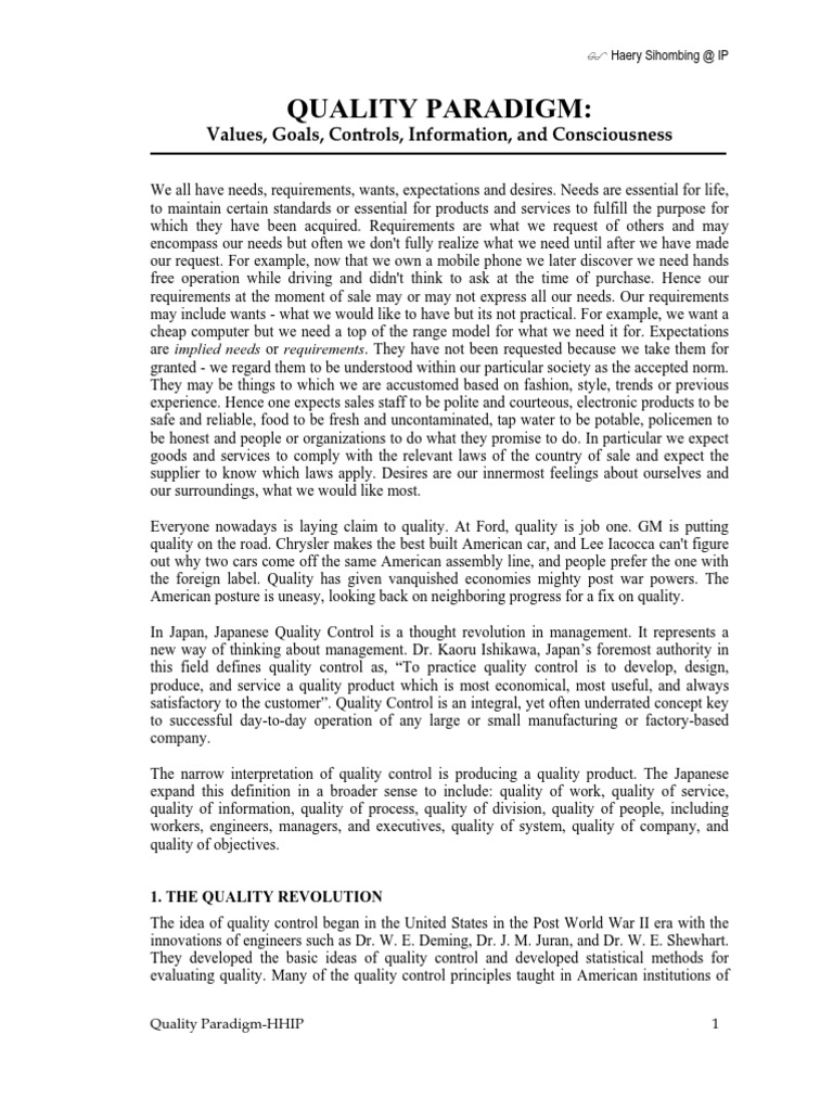 Quality Paradigm, Values, and Goals | PDF | Quality Management ...