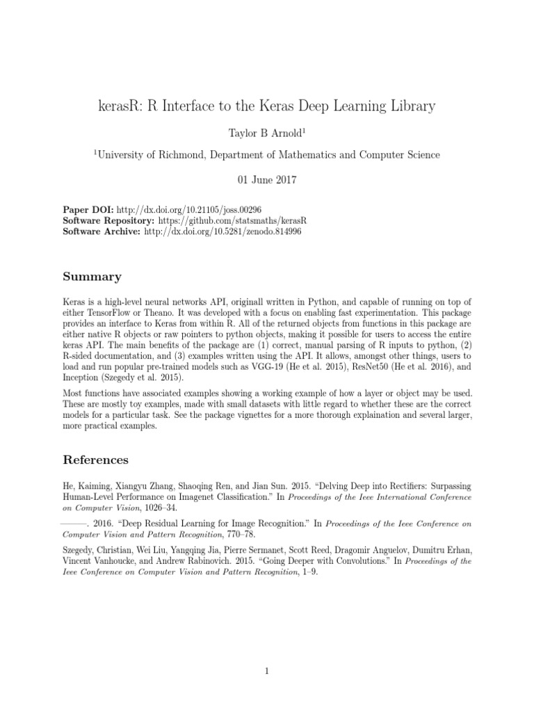 Kerasr R Interface To The Keras Deep Learning Library Pdf Teaching Methods And Materials 