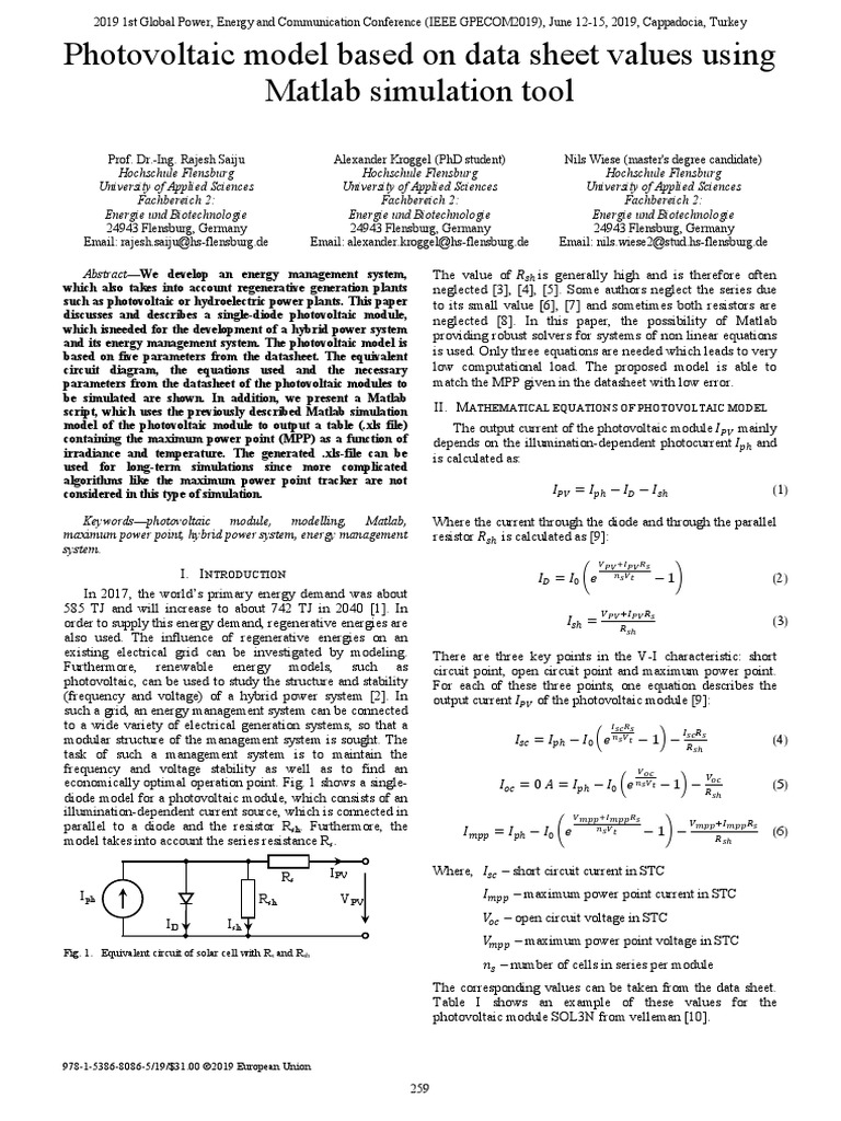 Photovoltaic Model Based On Data Sheet Values Using PDF | PDF ...