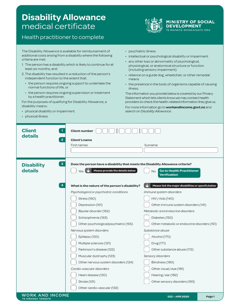 Medical Certificate: Disability Allowance | PDF | Disability | Mental ...