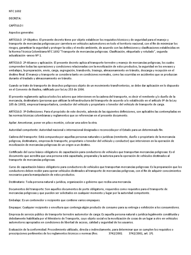 NTC 1692: Transporte de Mercancías Peligrosas | PDF | Póliza de seguros ...