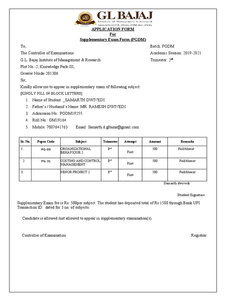 Application Form For Supplementary Exam Form (PGDM) : (Kindly Fill in Block Letters) | PDF