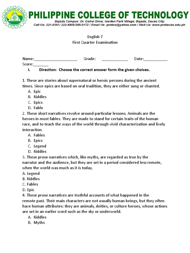 Grade 7 1st Quarter Exam | PDF | Narrative | Cinderella