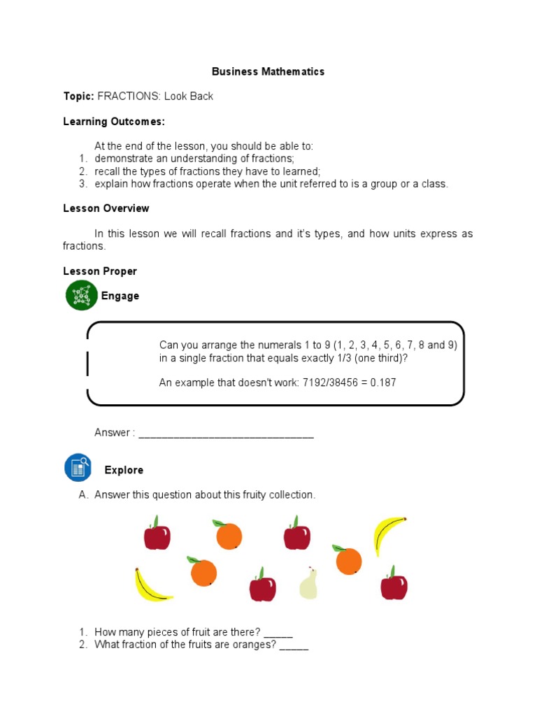 Business Mathematics Topic: FRACTIONS: Look Back Learning Outcomes ...