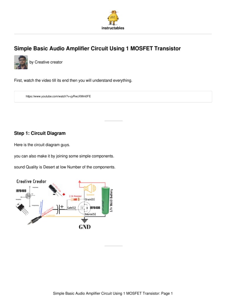 Simple Basic Audio Amplifier Circuit Using 1 MOSFET Transistor | PDF