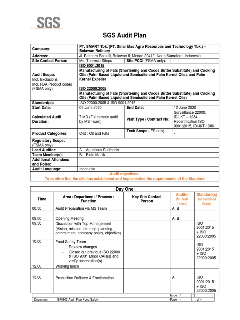 SGS Audit Plan | Download Free PDF | Audit | International Organization For Standardization