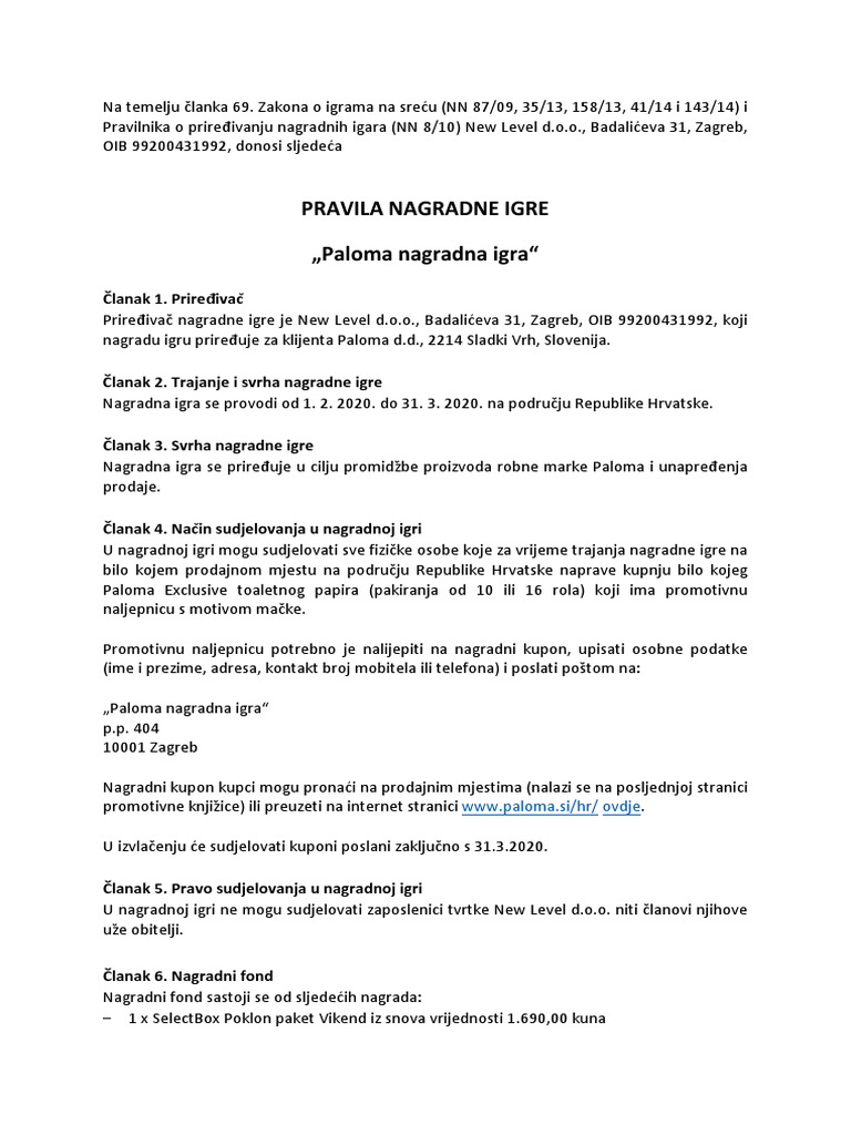 Paloma Nagradna Igra Pravila PDF | PDF