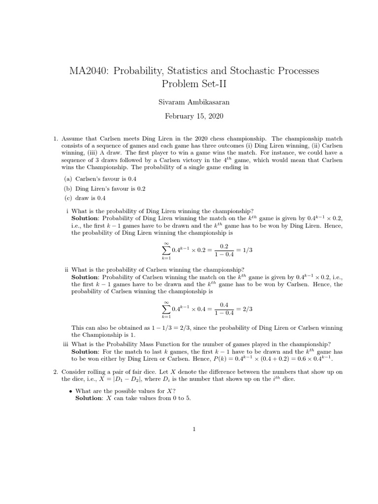 MA2040: Probability, Statistics and Stochastic Processes Problem Set-II | PDF | Expected Value ...
