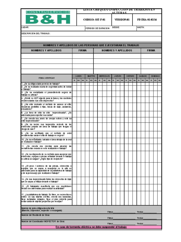 FORMATO Lista de Chequeo Trabajos en Alturas 1 | PDF