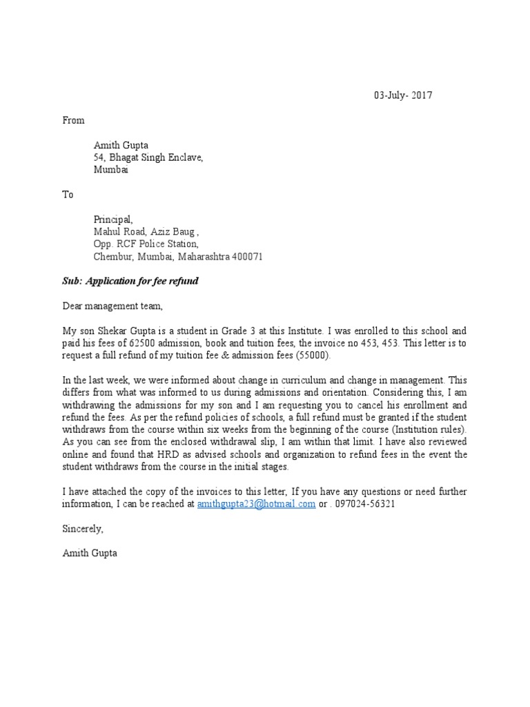 Refund Letter For Fees | PDF