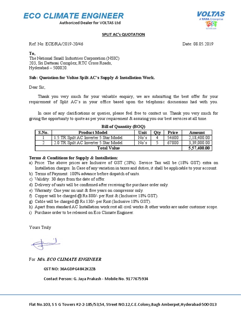 Quotation for Supply and Installation of Voltas Split Air Conditioners ...