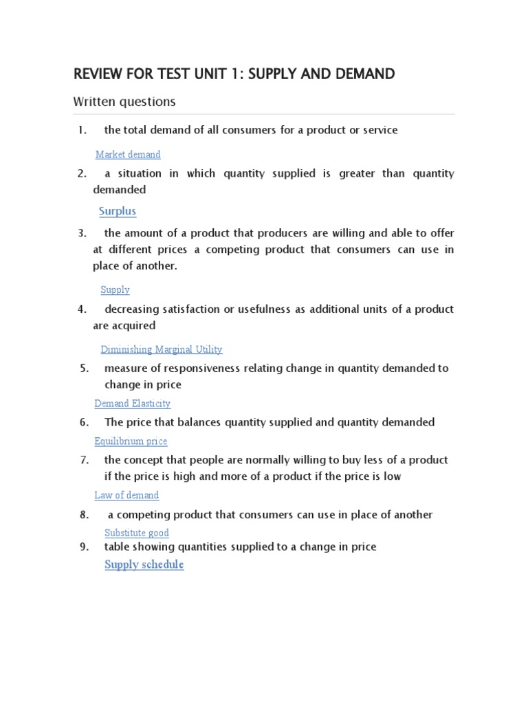 Review For Test Unit 1: Supply and Demand: Written Questions | PDF ...