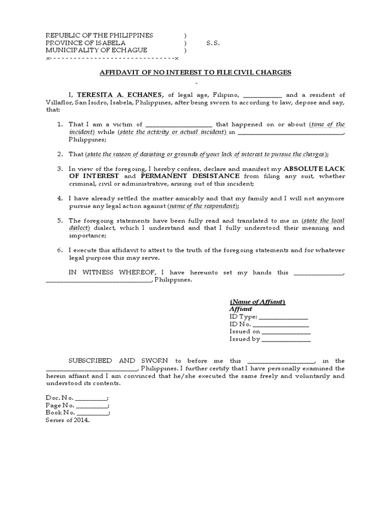Affidavit of No Interest To File Civil Charges: Incident) While (State ...