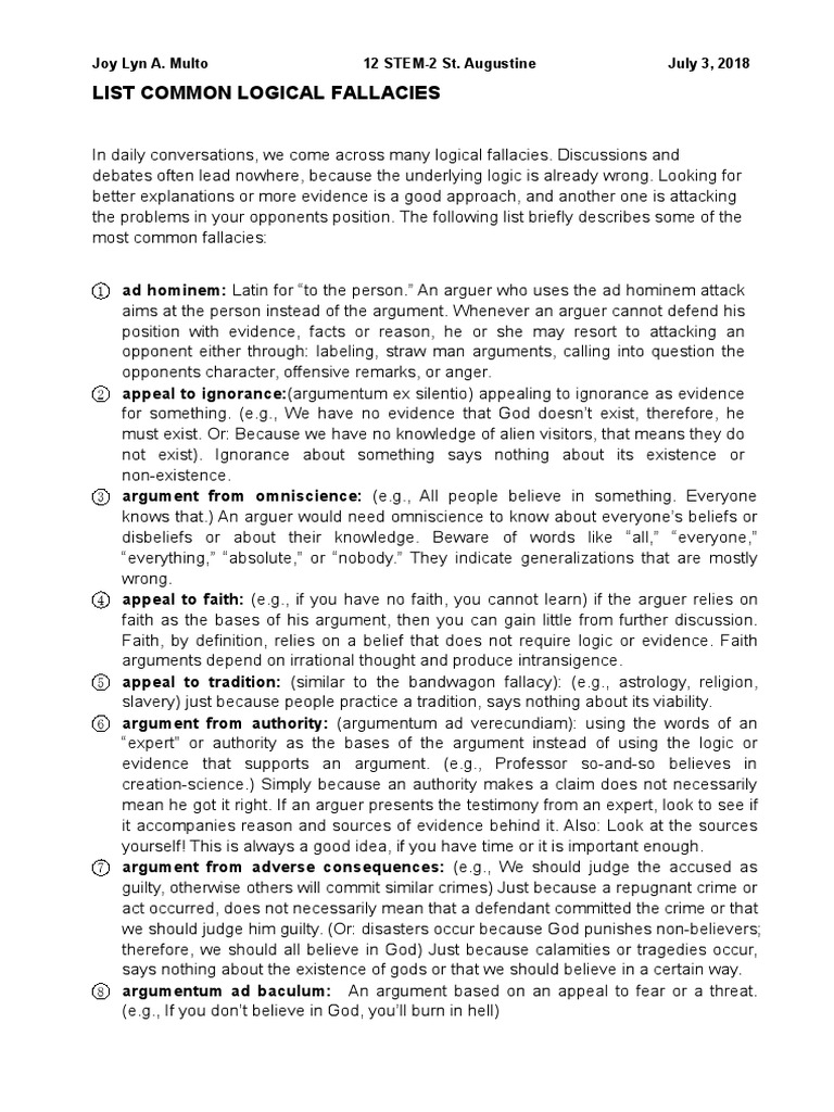 Logical Fallacies List | PDF | Reason | Argument