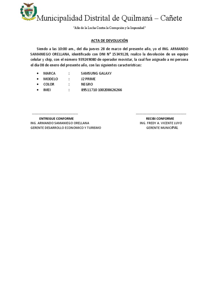 Acta de Devolución Celular | PDF