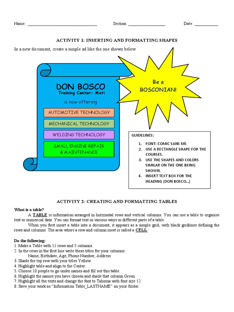 Don Bosco: Activity 1: Inserting and Formatting Shapes | PDF | Computing
