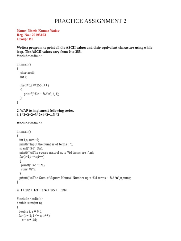 Calculating Series and Implementing Loops to Print ASCII Values and Their Equivalent Characters ...