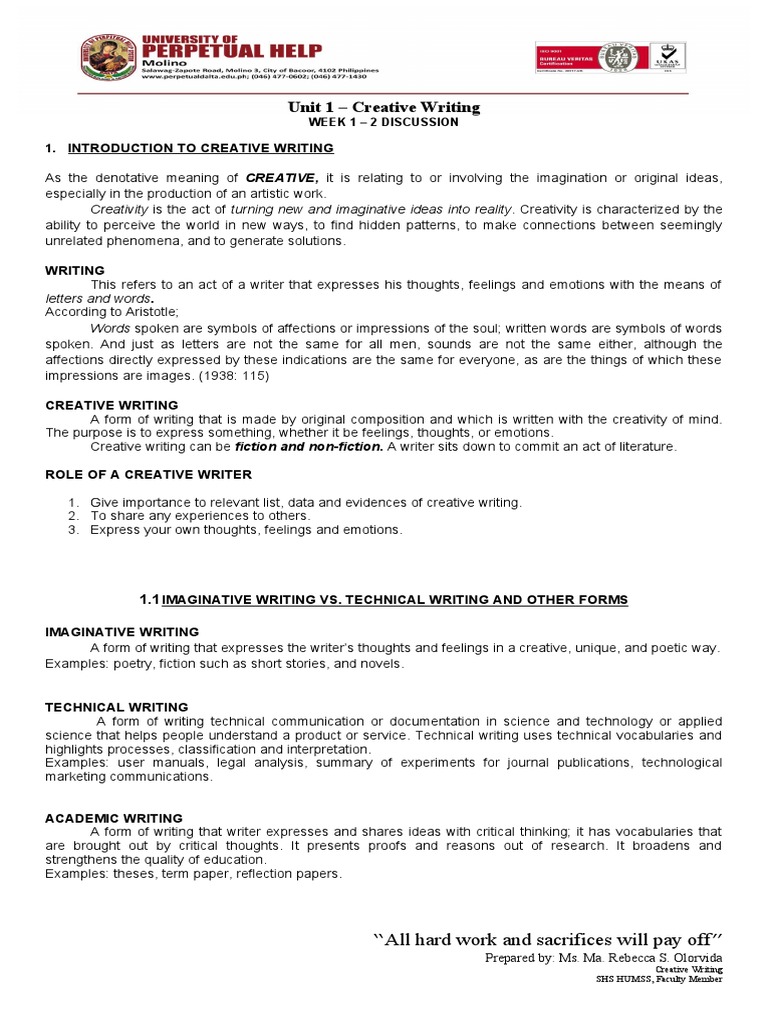 Unit 1 - Creative Writing | PDF | Writers | Imagination