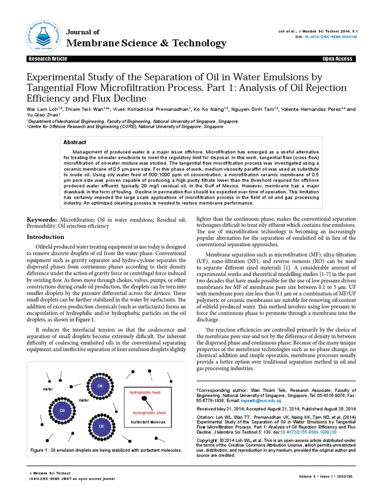 Separation of Oil in Water Emulsions by Tangential Flow Microfiltration ...