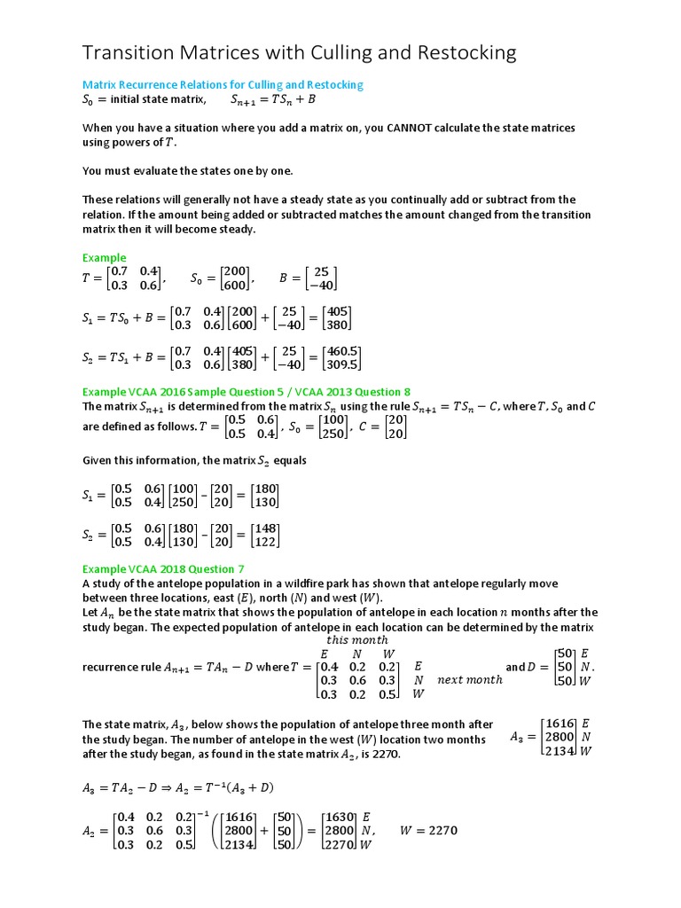 Transition Matrices With Culling and Restocking | PDF | Matrix ...