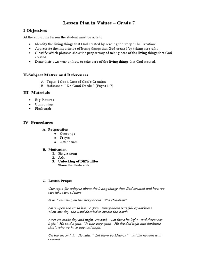 Lesson Plan in Values - Grade 7: I-Objectives | PDF | Religion ...