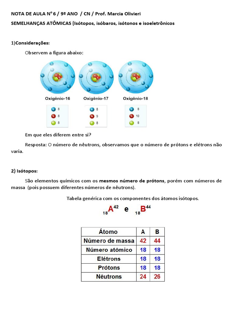 Atividade Sobre Isótopos E Isóbaros Pdf Isótopo Próton