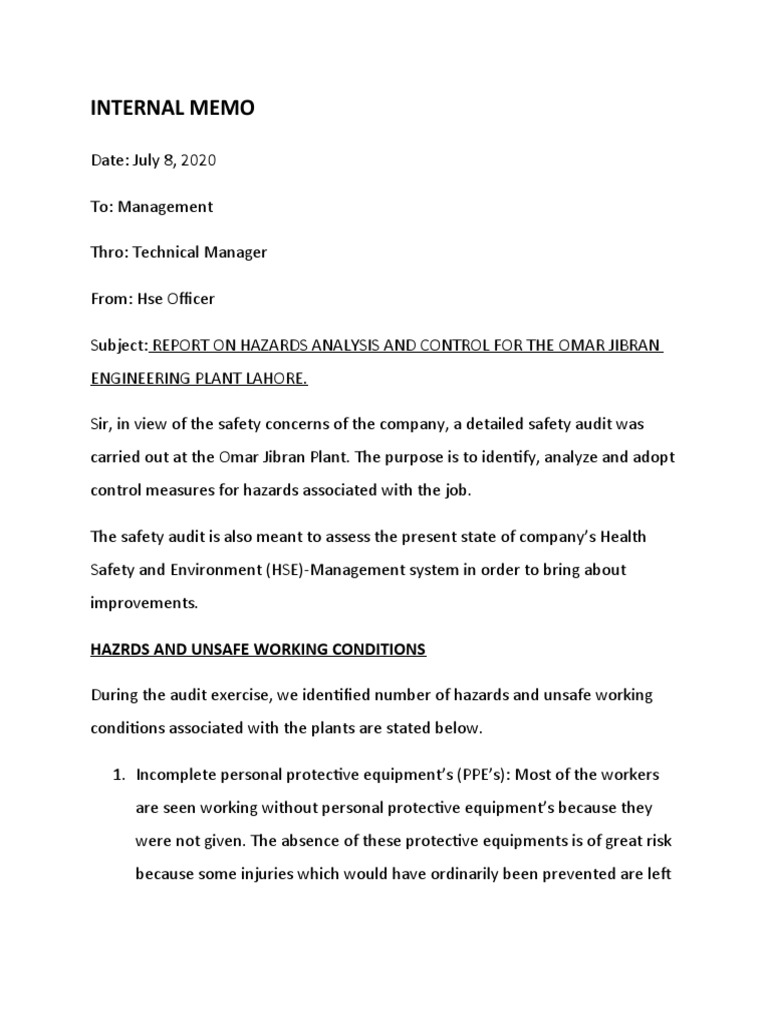 Internal Memo: Hazrds and Unsafe Working Conditions | PDF | Personal ...