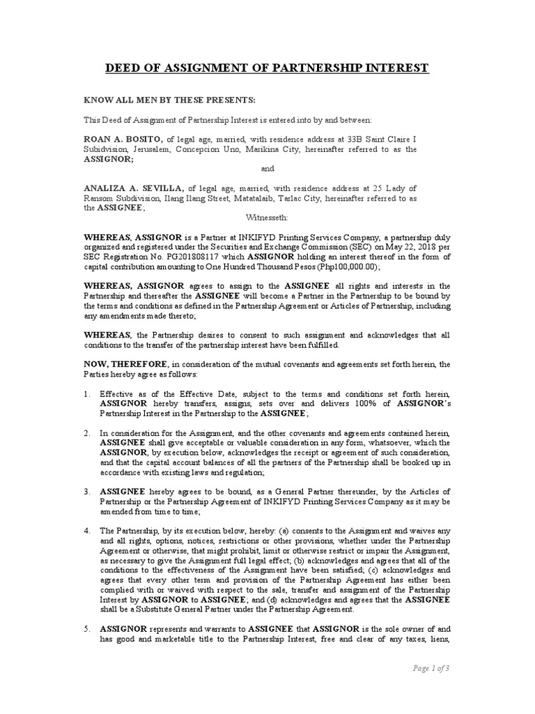 Deed of Assignment of Partnership Interest: Know All Men by These ...
