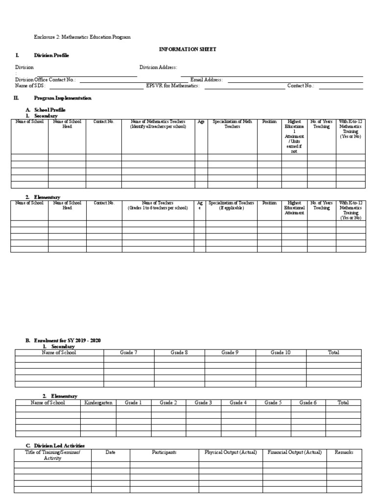 Enclosure 2: Mathematics Education Program: Information Sheet I ...